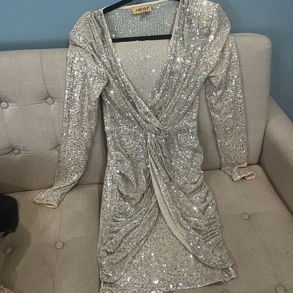 Dresses | Silver Sequin Dress Padded Shoulders Low Cut With Tighter ...